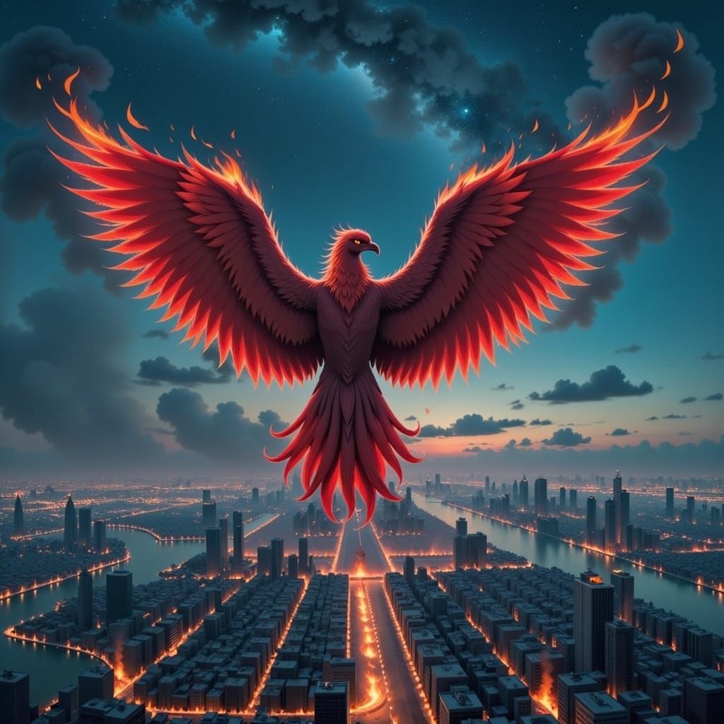 Urban Phoenix - Surreal Phoenix Rises from Fiery Urban Ruin...