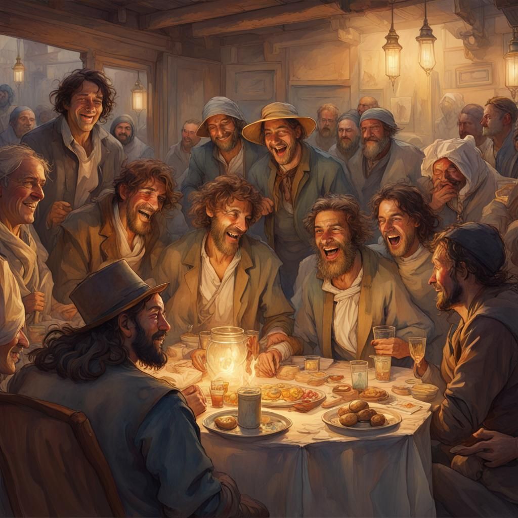 Rich people laughing at poor people (light at dawn:1.9) (watercolors:1. ...