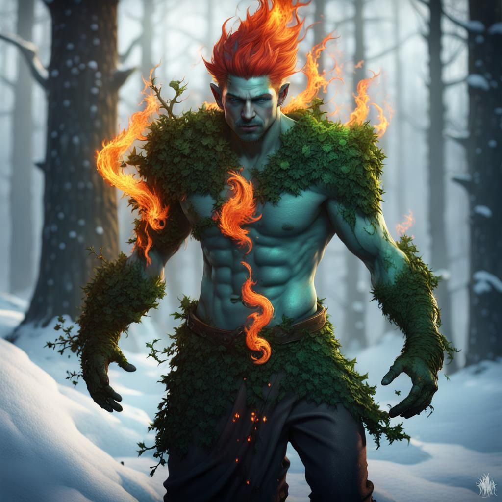 male fire elemental stood in snowy forest in winter, with green fiery ...