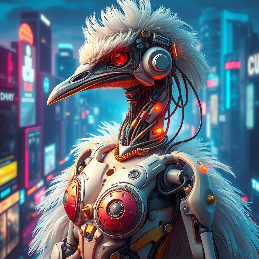 Cyborg Emu-Bird Hybrid in Neon Cyberpunk Cityscape - AI Art