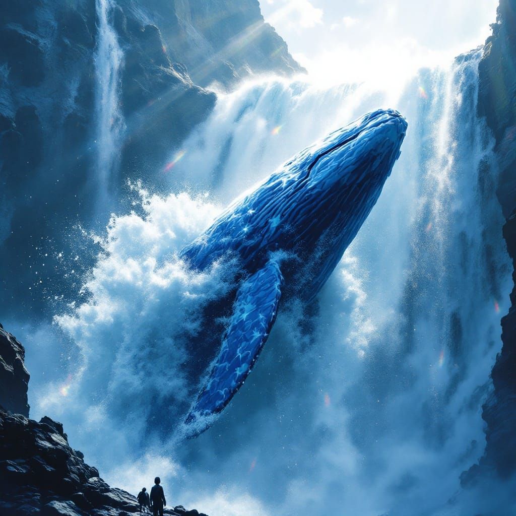 Majestic Blue Whale Emerges Through Waterfall's Ve... - AI Art