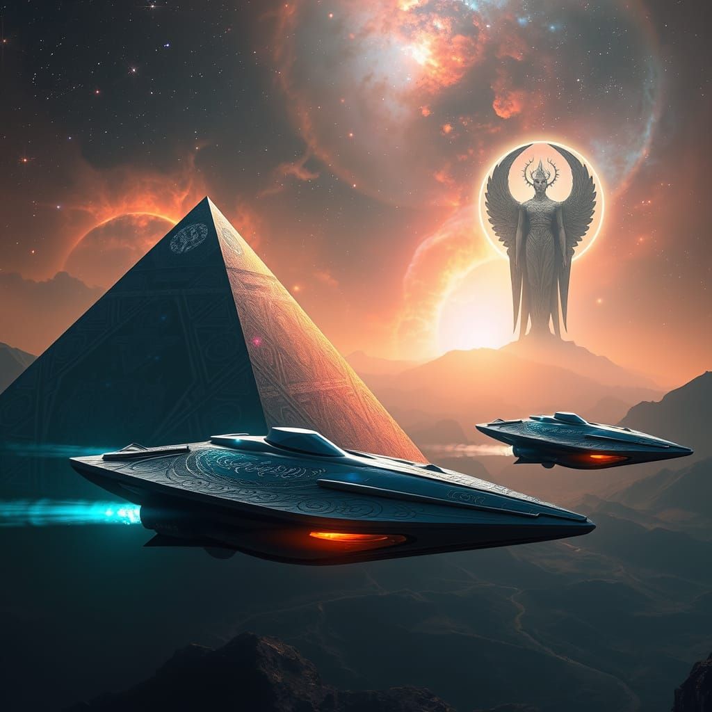 Cyberpunk Spacecraft Drift Through Nebula in Ancie... - AI Art