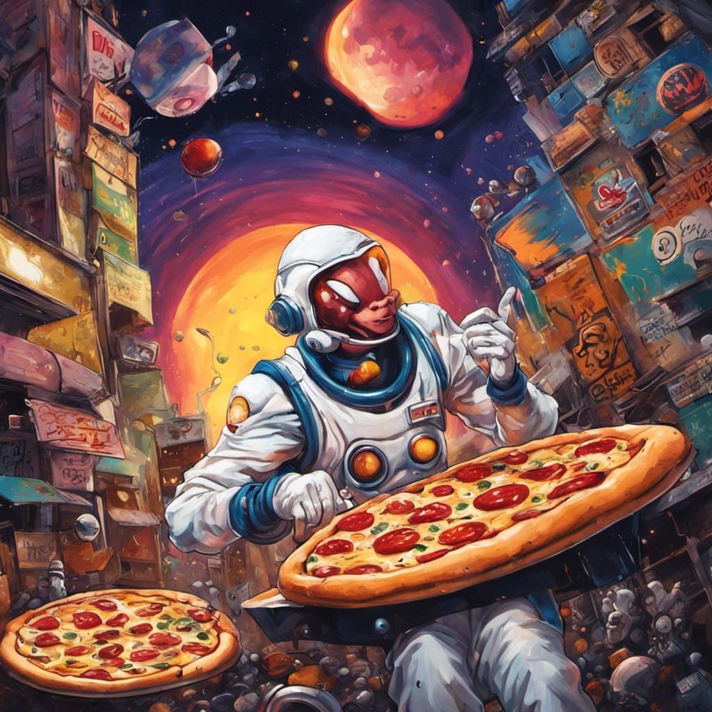 Earthworm Jim eating a pizza, space suit, space background, moon in the ...