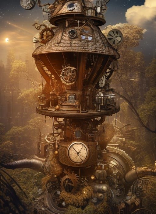 gorgeous treehouse made out of steampunk metalwork!!! giant ancient tree!! clock!! cogs!! starry ...