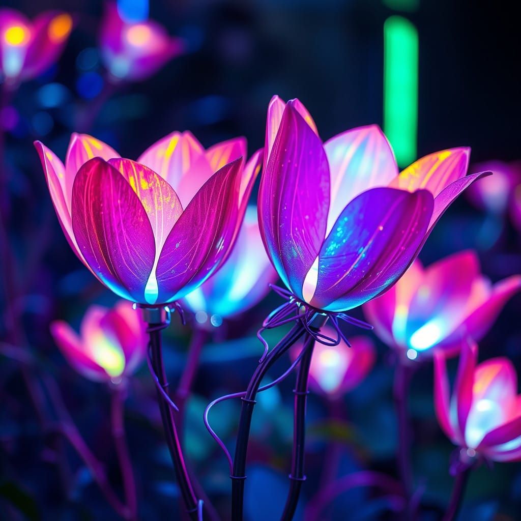 Cybernetic flowers - Neon Cybernetic Blooms Unfold in Futuri...
