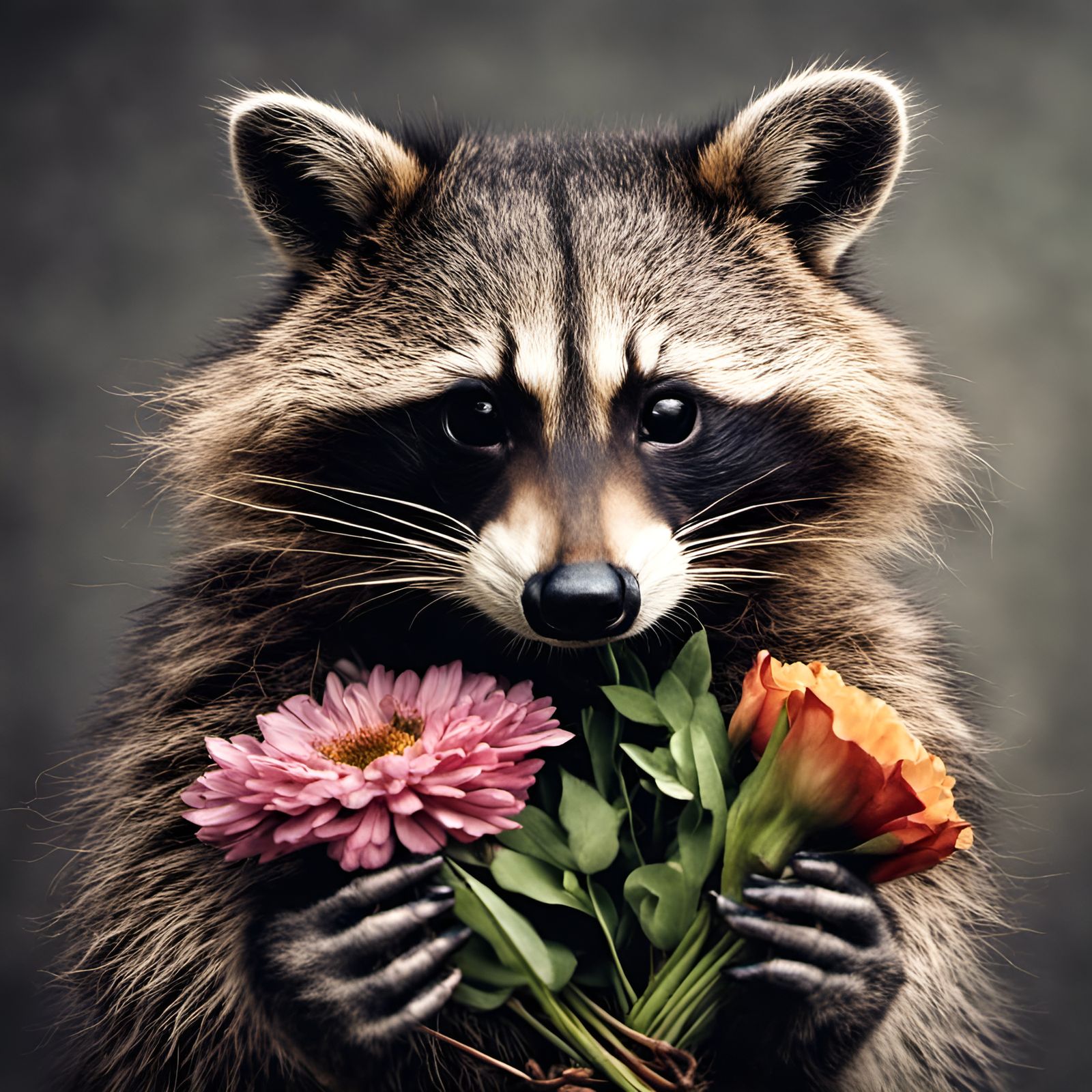 raccoon holding flowers intricate details, HDR, beautifully shot ...