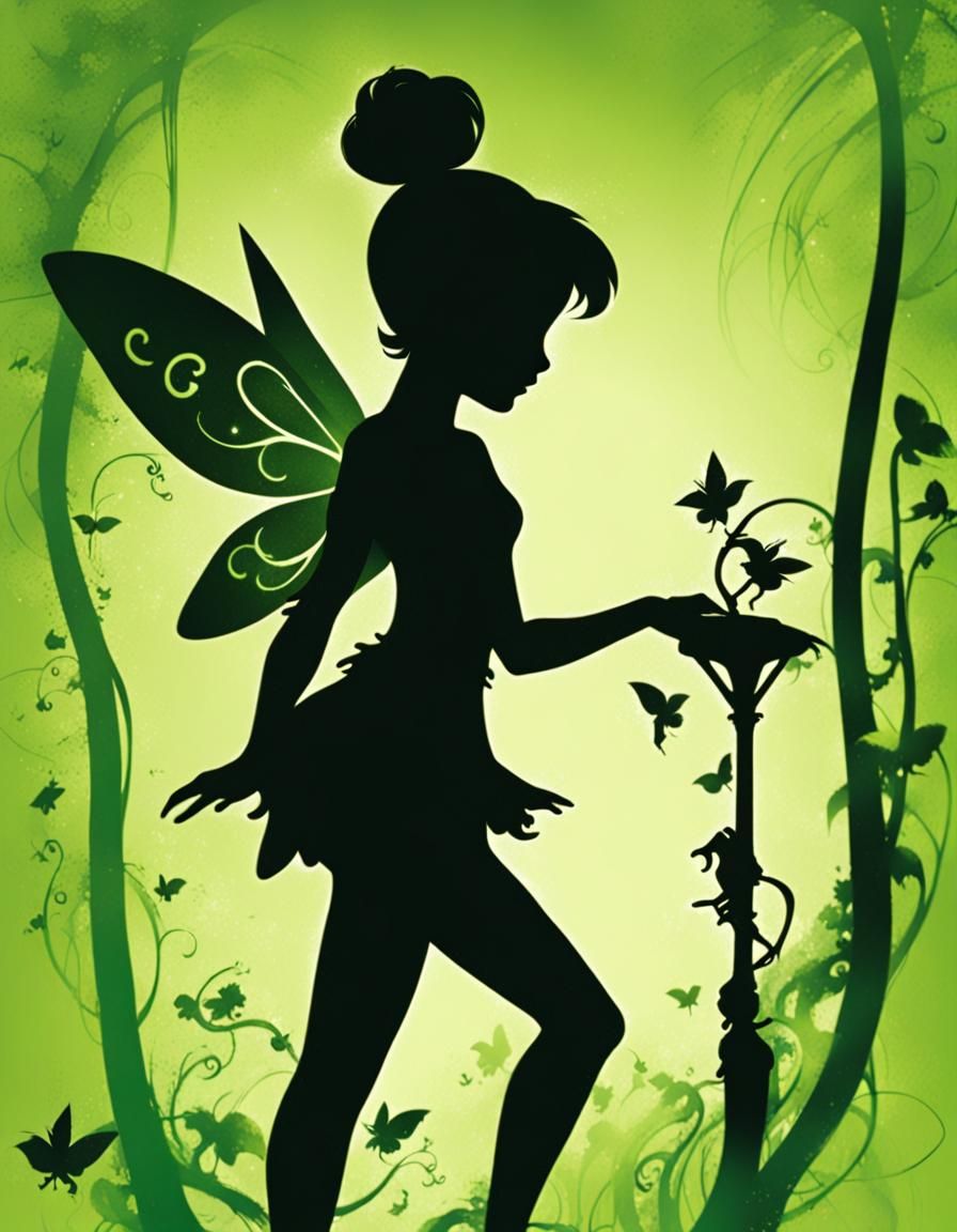 silhouette Tinkerbell figure, in the style of evocative environmental ...