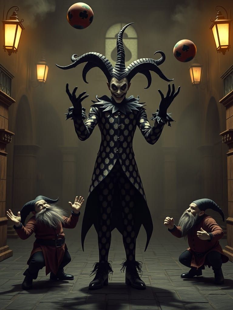 An evil Jester juggling with Elves - Dark Jester Juggles Bea...