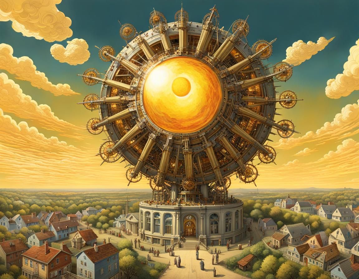 A colossal sun machine hoisted high in the sky radiates daylight ...
