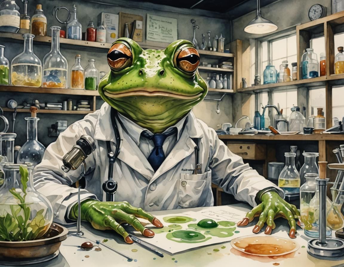 Bio Art Experimentation anthropomorphic scientist frog laboratory ...