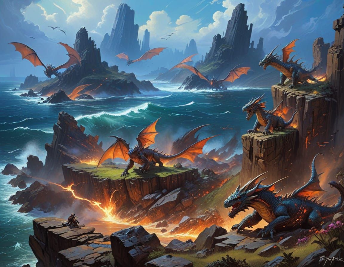 Vibrant Basalt Plains with Dragons in Flight - AI Art