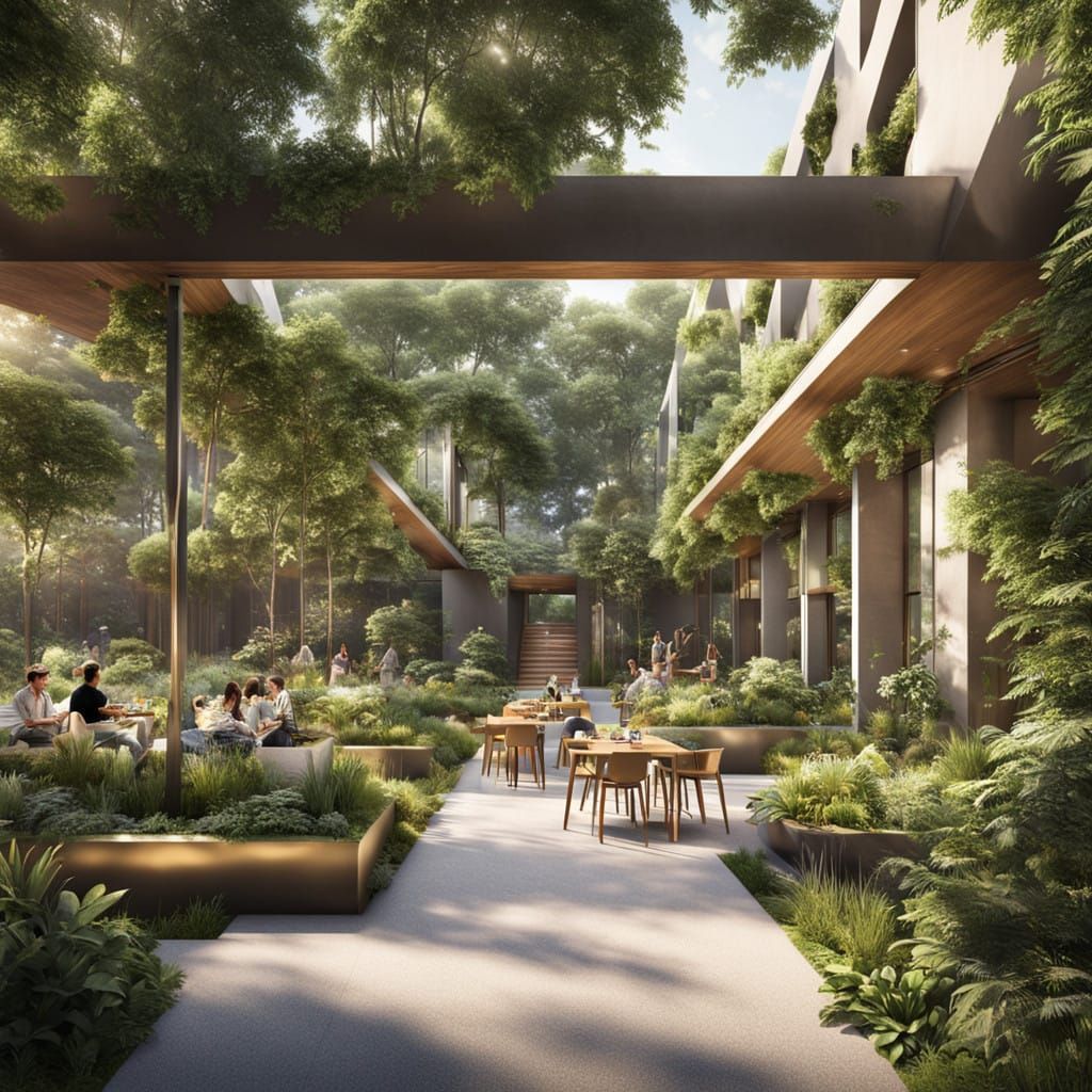 Community spaces where people gather surrounded by nature-inspired architecture and lush greenery.
