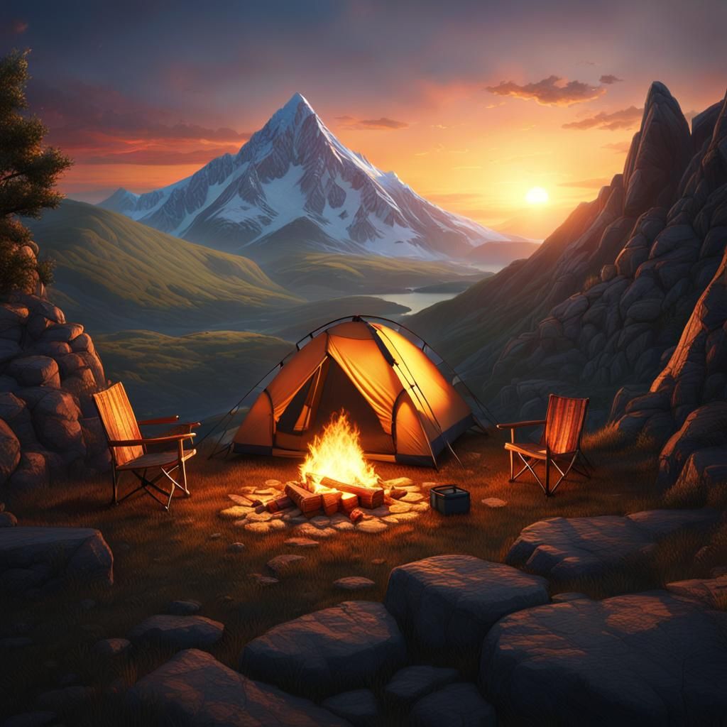 A tent set up on a hill cliff - AI Generated Artwork - NightCafe Creator