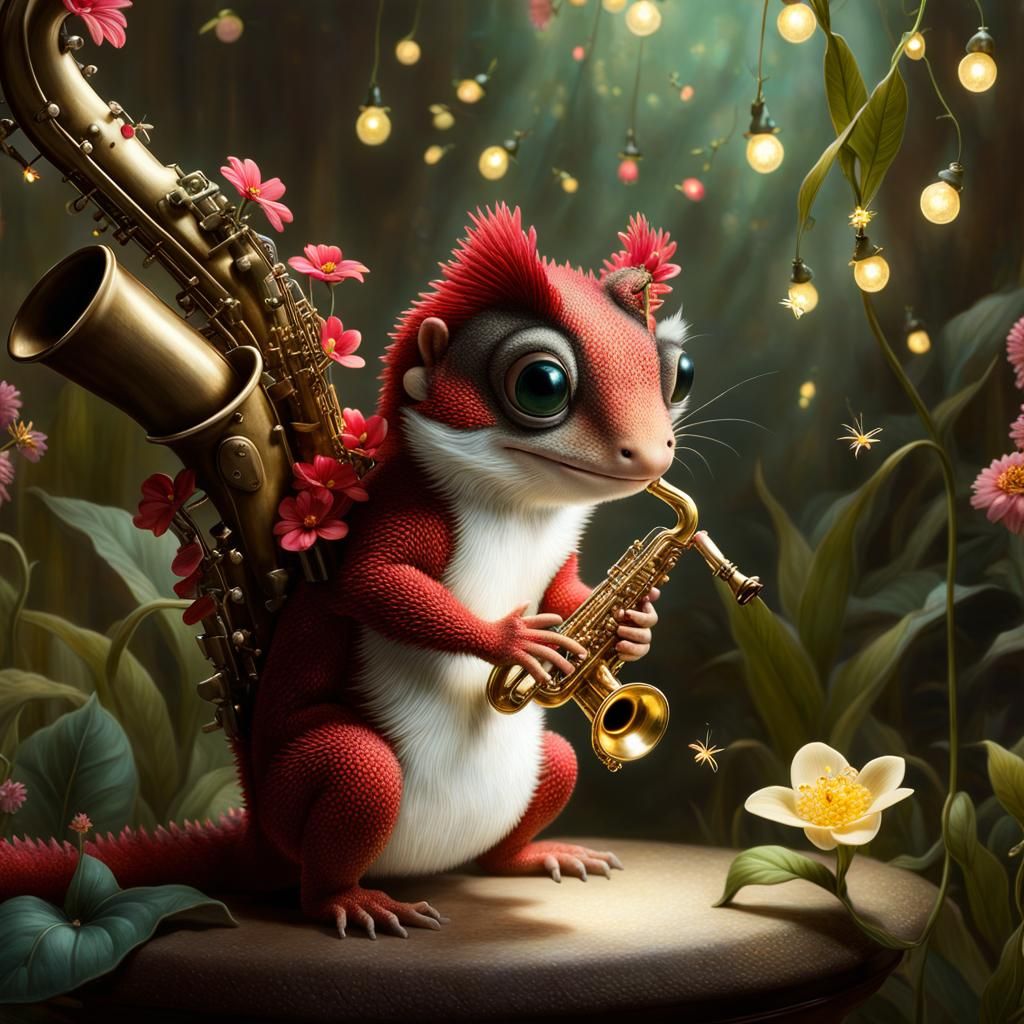 "close-up of Cutest gigantic fluffy Gecko with a man Playing Saxophone ...
