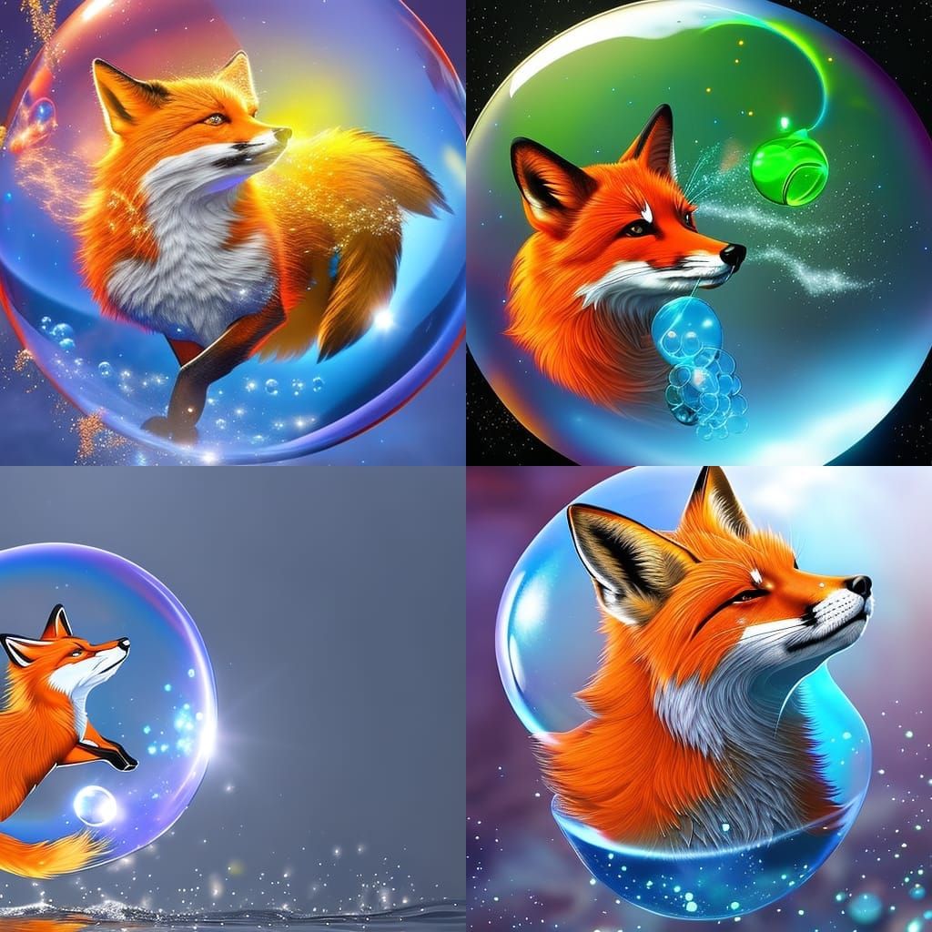 Wizard fox trapped in a bubble within a stream of bubbles floating up towards a blinding light ...