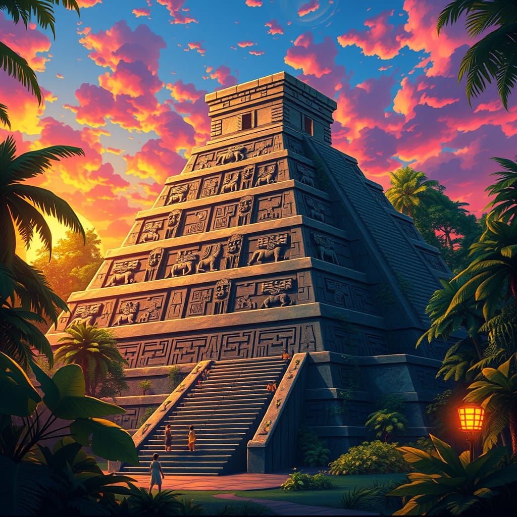 Majestic Mesoamerican Pyramid in Vibrant Anime Aes... - AI Art