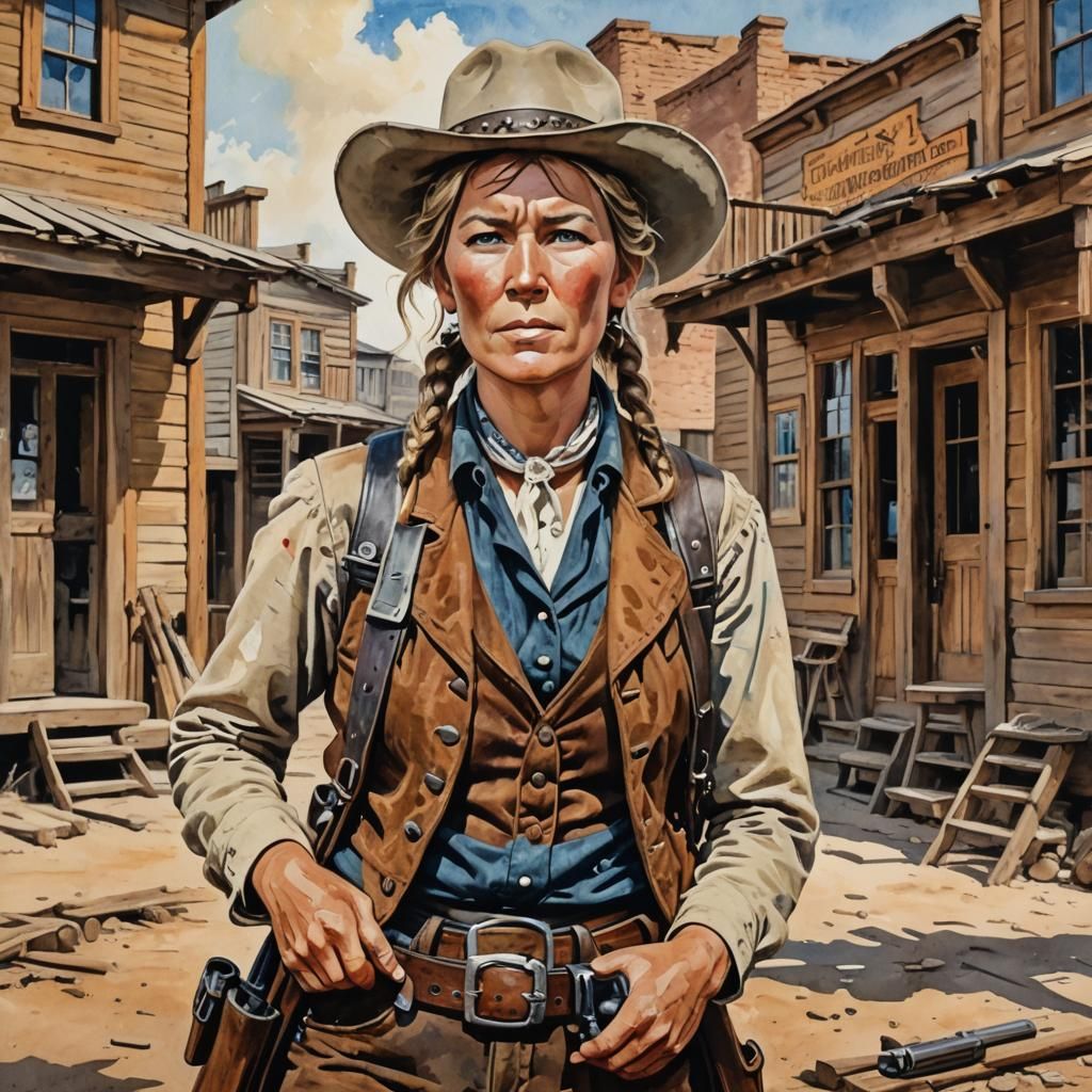 Portrait of Calamity Jane holding a pistol in an old west town - AI ...