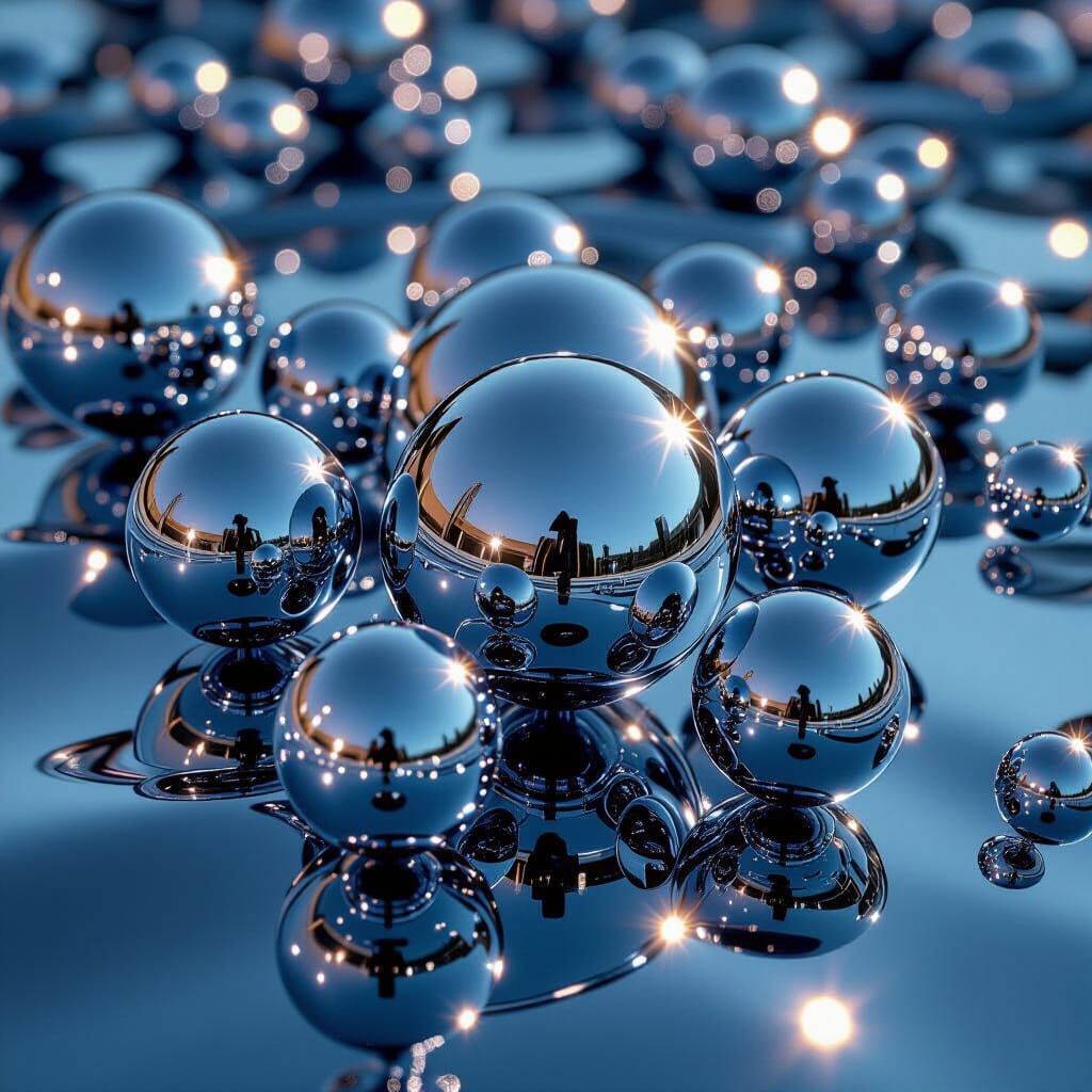 Chrome and mercury orbs on a liquid metal sheet