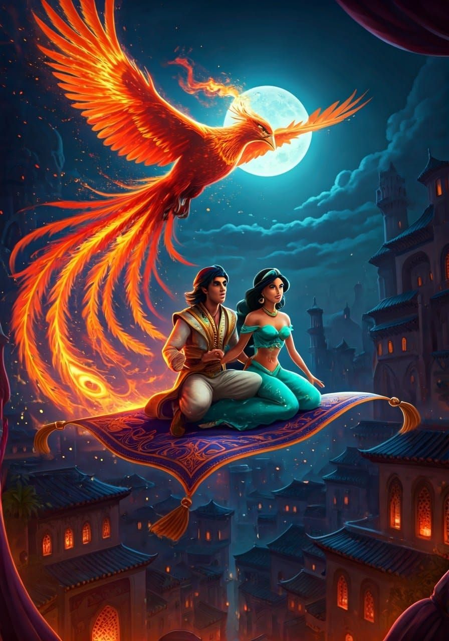 Majestic Magic Carpet Ride Under Golden Moonlight - AI Art