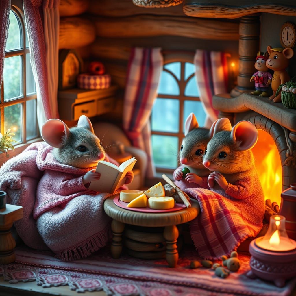 "A cozy mouse family nestled in their tiny, warm bedroom, complete with ...