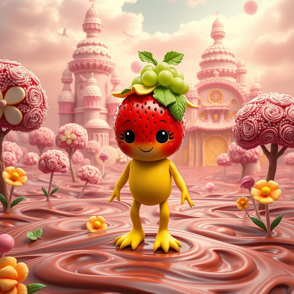 Whimsical Strawberry Creature in Fantasy Land - AI Art