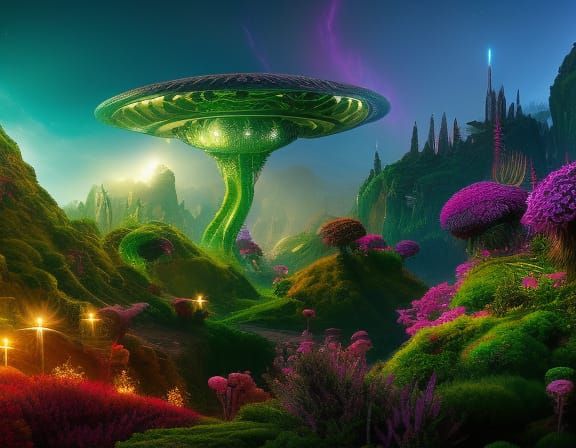 very strange alien flower in alien garden, deep colors, deep color ...