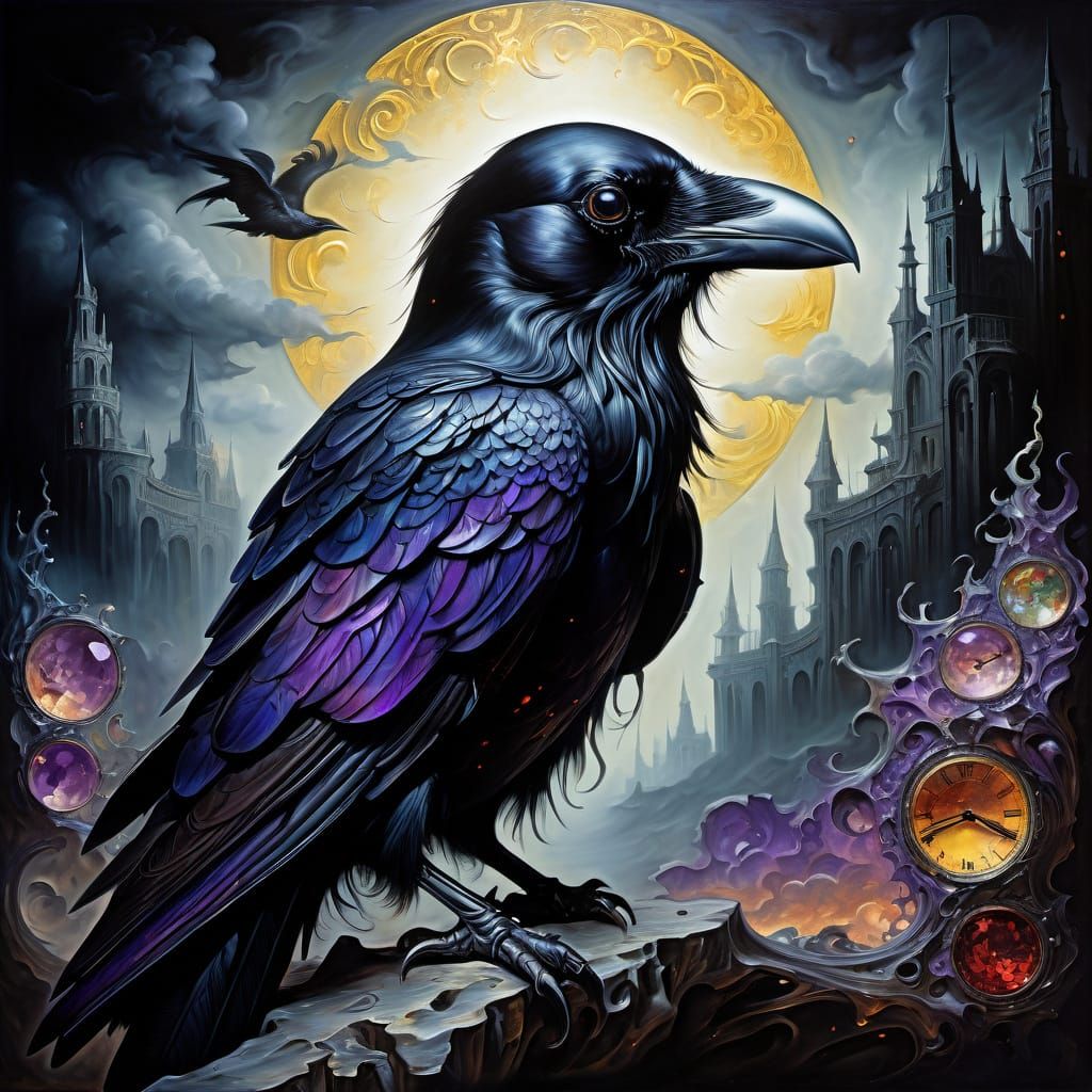 A raven composed of (sapphires, amethysts, rubies, pearls, emeralds ...