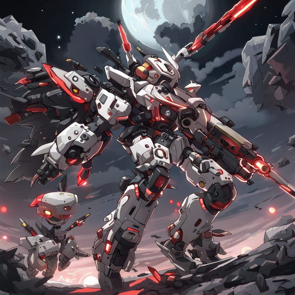 a two legged Nano mech with grey camouflage and black and gold ...