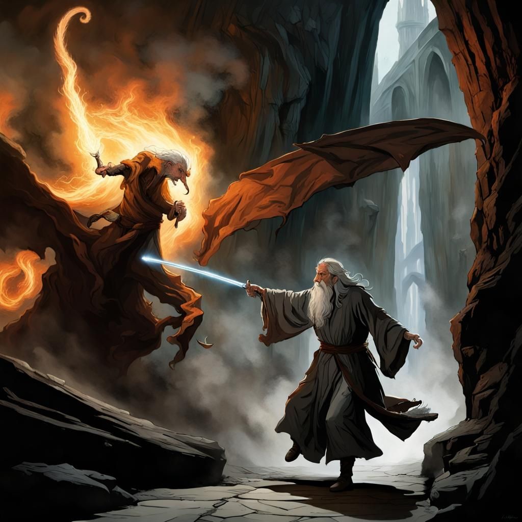 Gandalf the Grey fighting the Balrog in the Bridge of Khazad-dûm. - AI ...