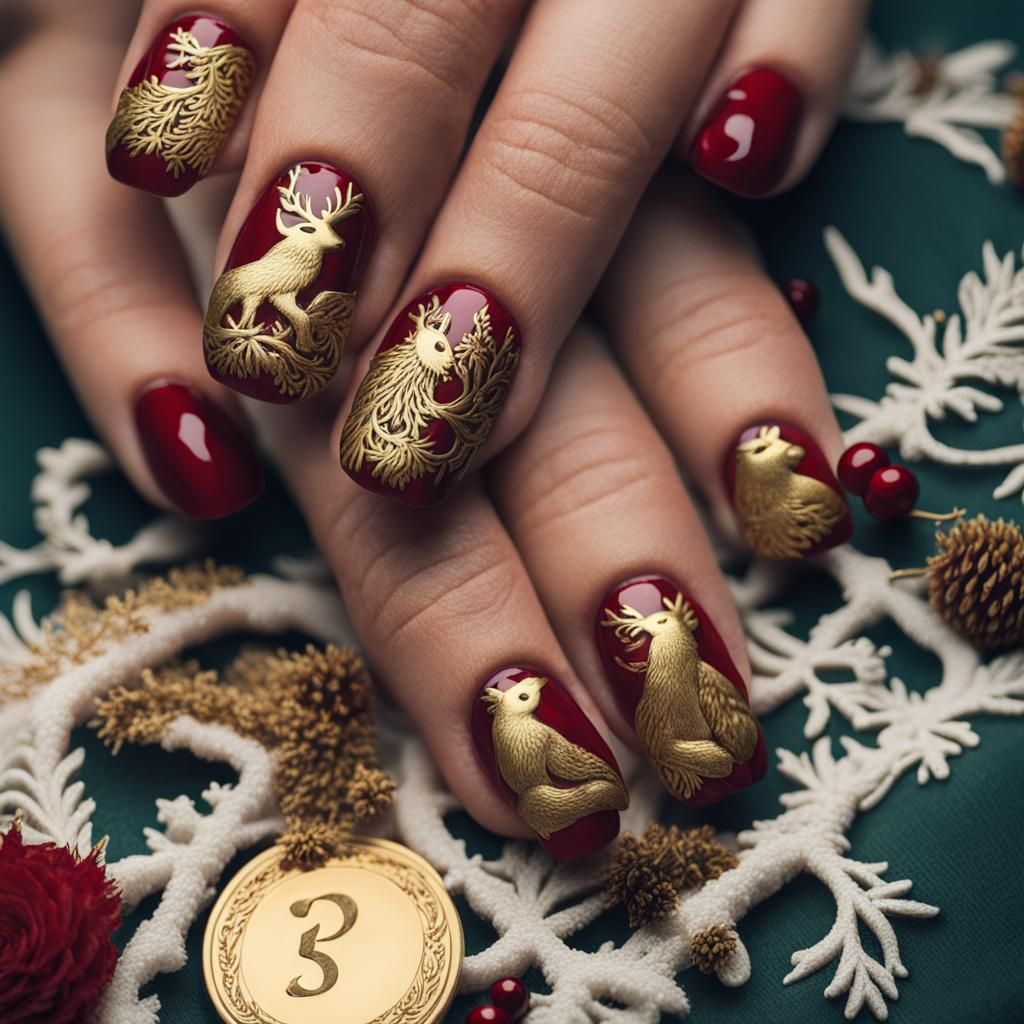 Red nails with detailed, gold, intricate yule and woodland animal ...