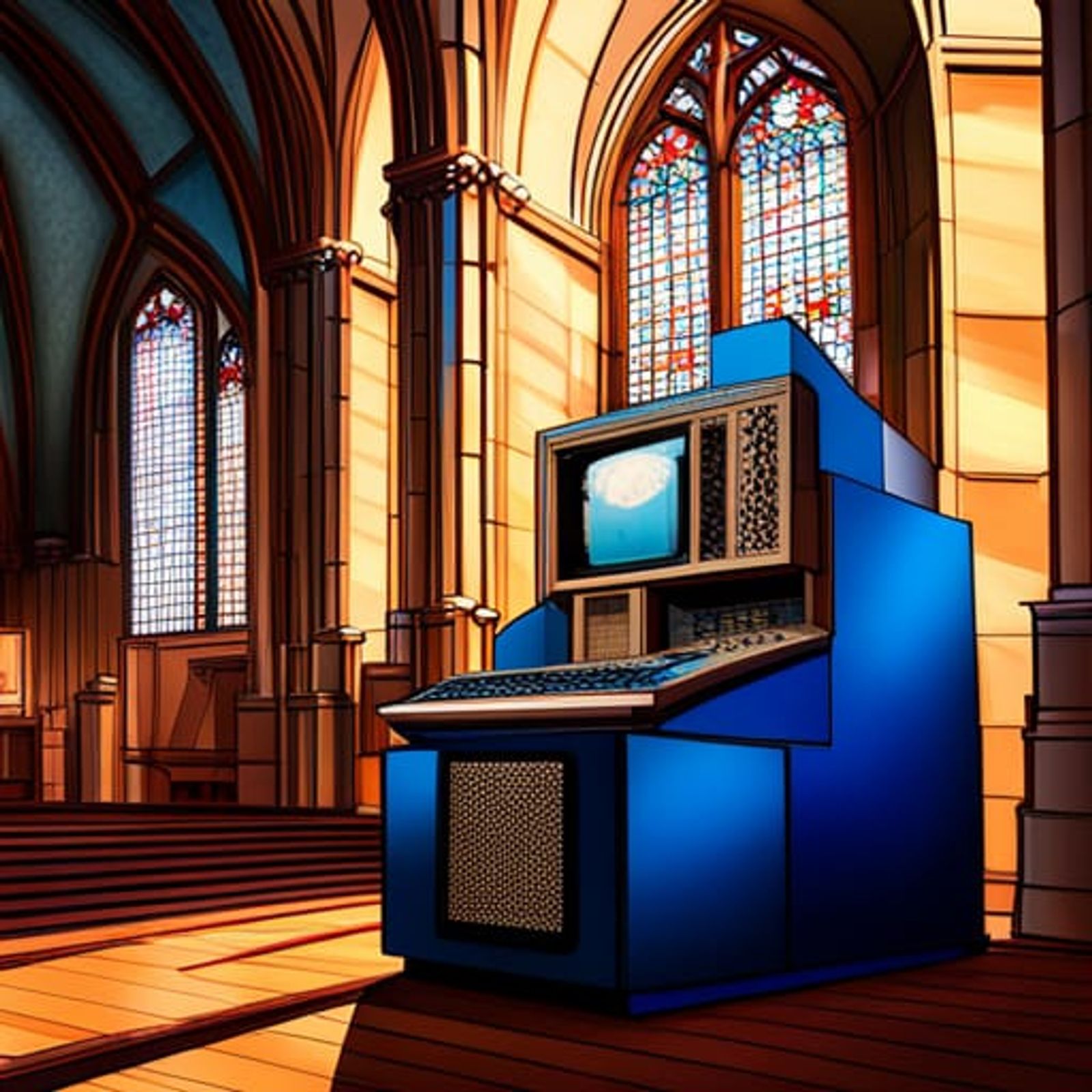 Hyperrealistic big blue IBM 370 computer in a church. splash art ...