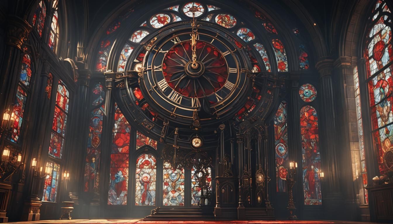 a gigantic ebony clock, with a massive pendulum, against a wall, next ...