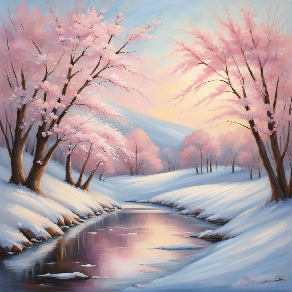 A scene bathed in soft pastel hues, creating a tranquil landscape and ...