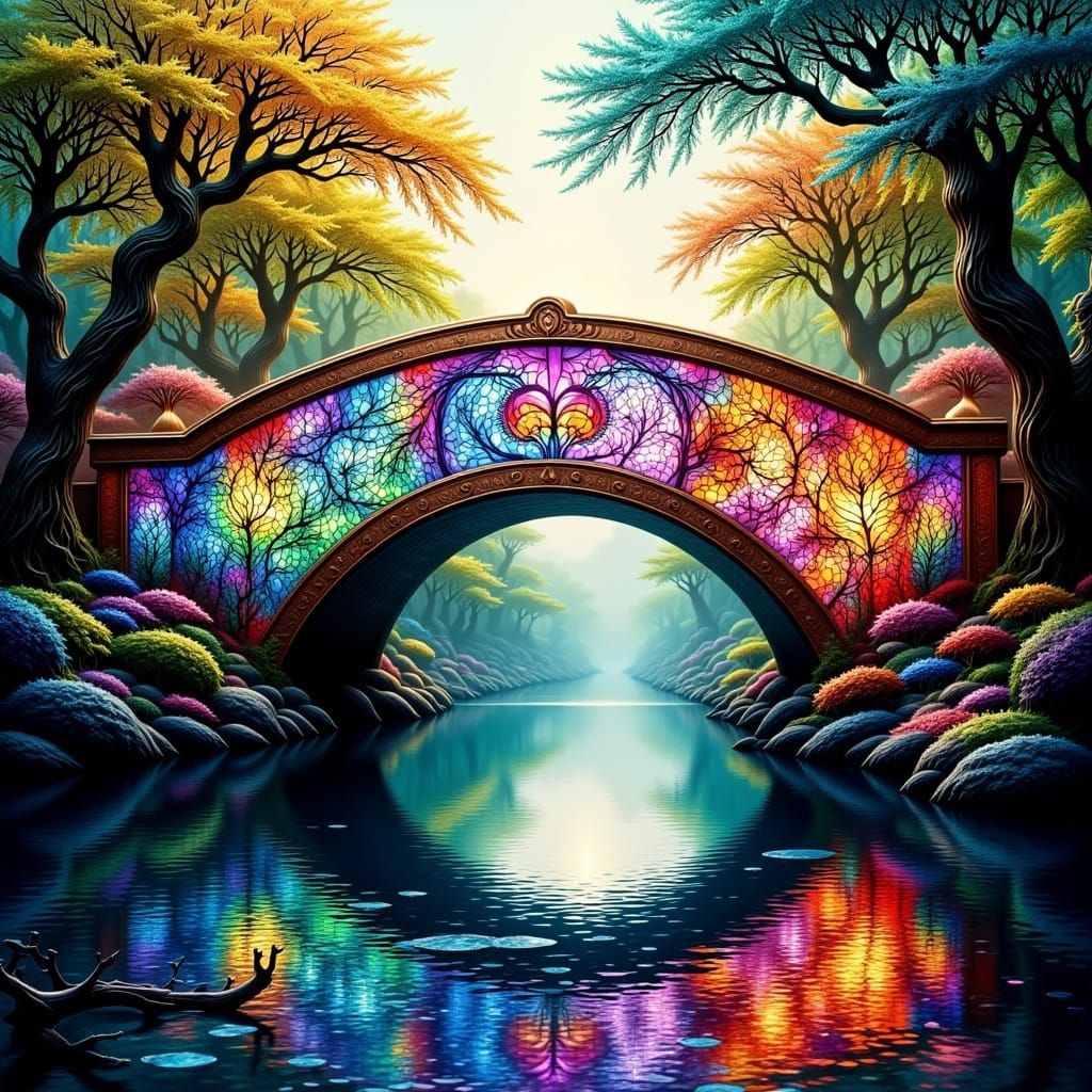 Ethereal Stained Glass Bridge in Radiant Colors - AI Art