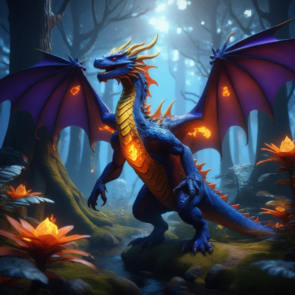 blueberry dragon breathing fire - Vibrant Blueberry Dragon...
