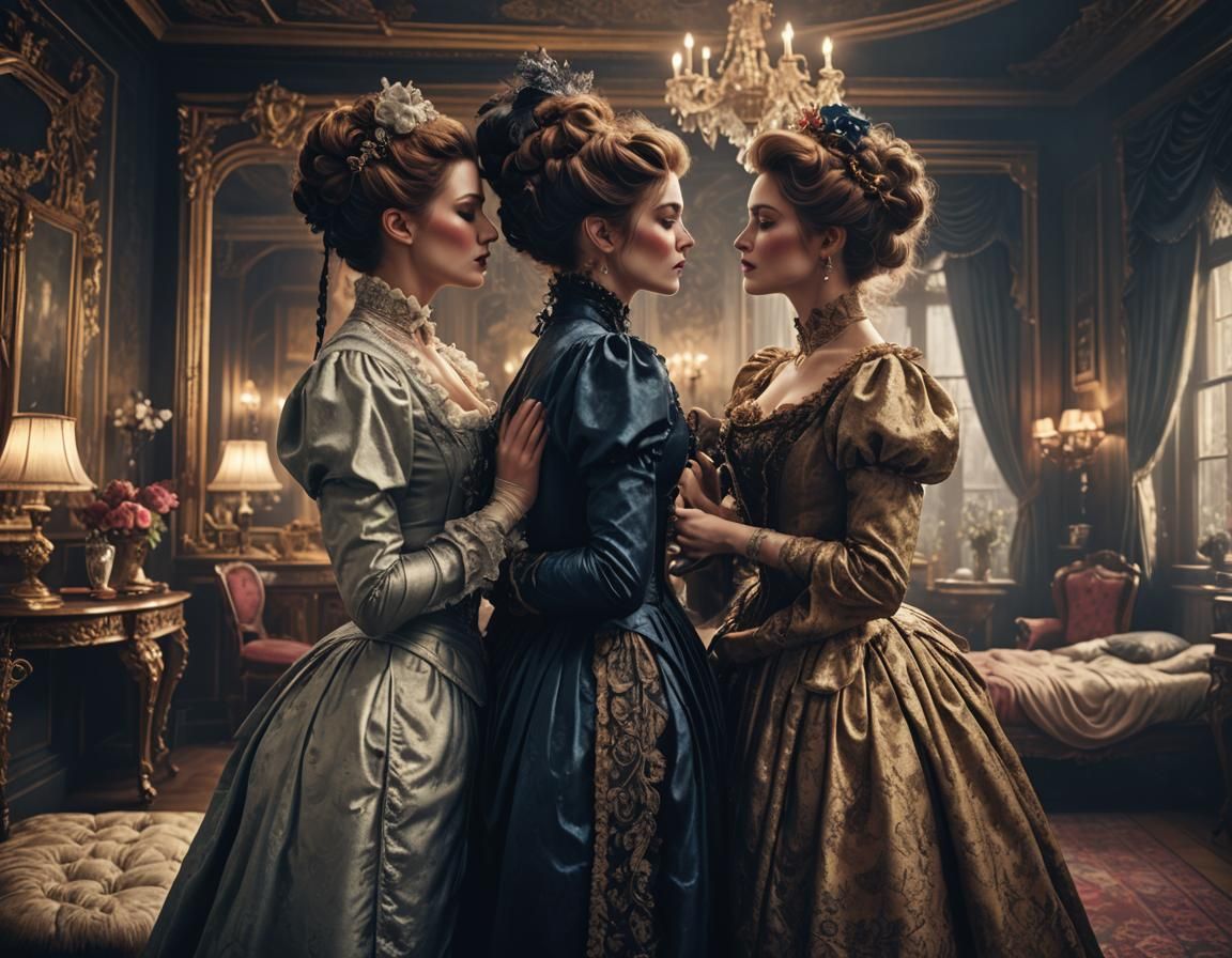 Two well dressed Victorian women with mussed hair in nightclothes ...