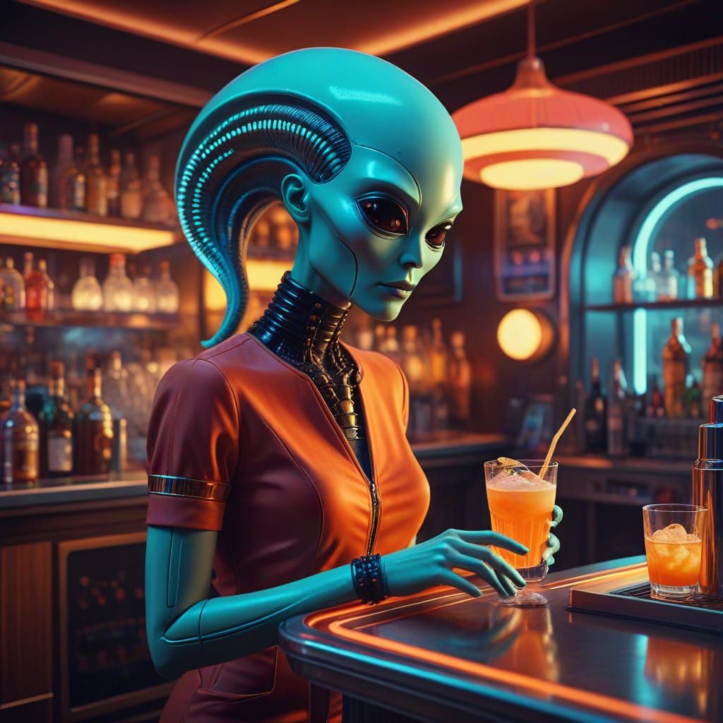 Mid-Century Alien Bartender in Retro Futuristic Ba... - AI Art