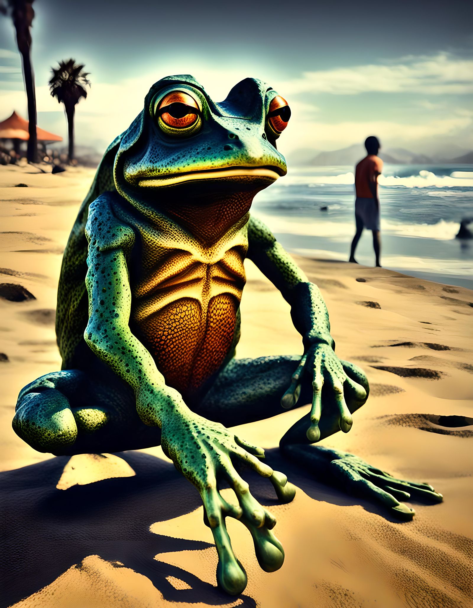 frog humanoid in the beach of Los angels - AI Generated Artwork ...