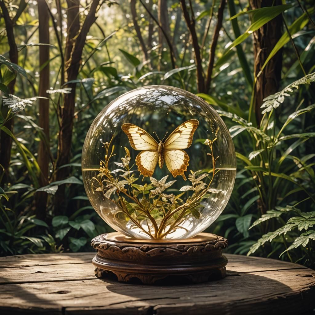 The most gracious and beautifull golden/white butterfly in a glass orb, glass orb standing on ...