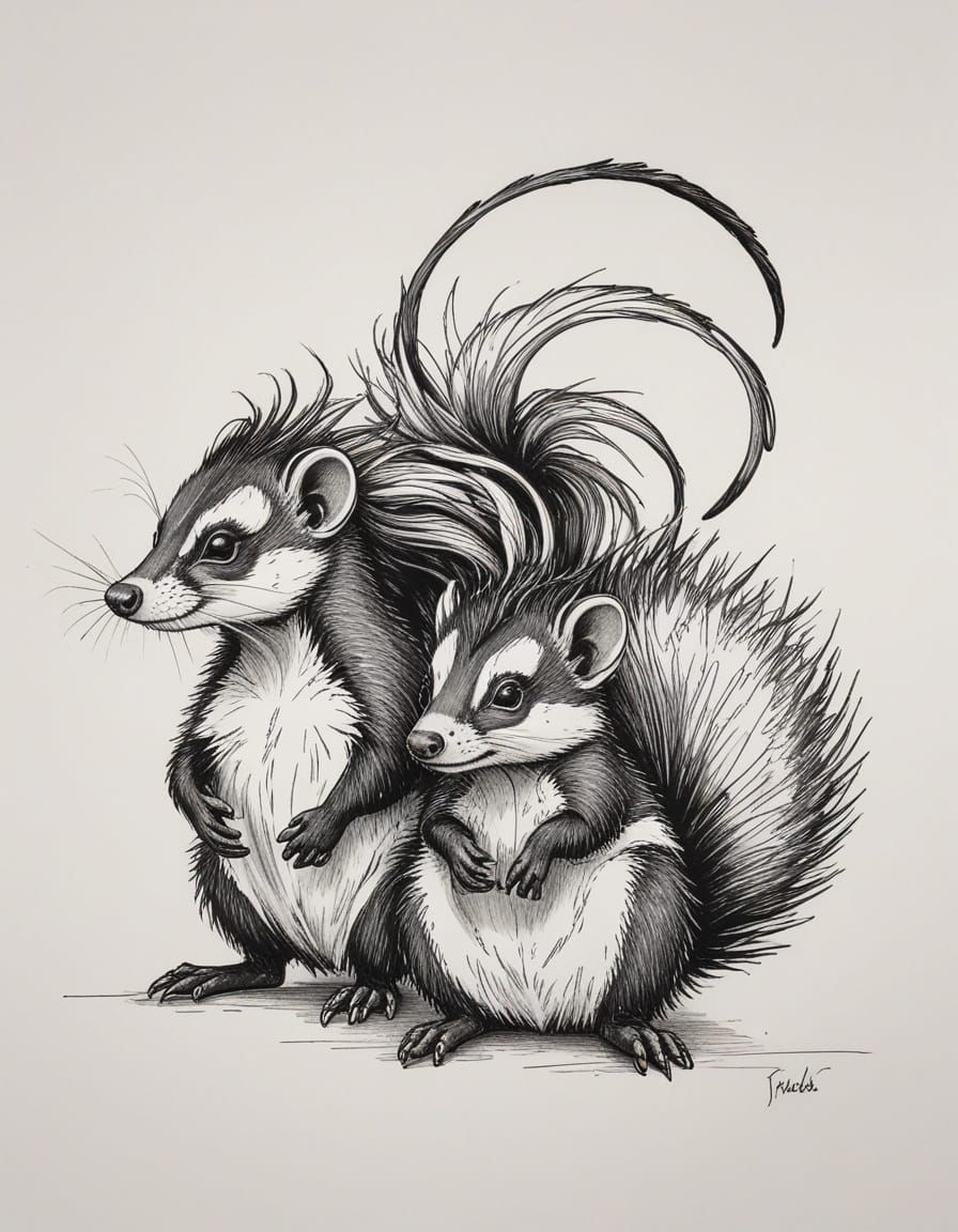 Stylized Line Art Skunk Caricatures in Black Ink - AI Art