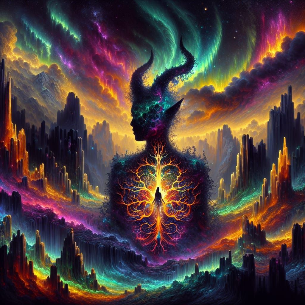 Chiaroscuro. Towering horned woman elf silhouette of swirling ...