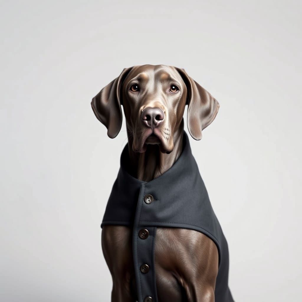 Weimeraner dog dressed up in a coat in the style of William Wegman