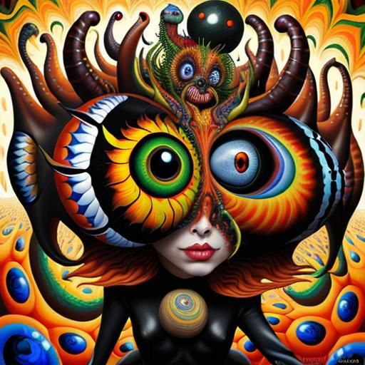 A captivating oil painting by a surrealist depicts surreal creatures ...