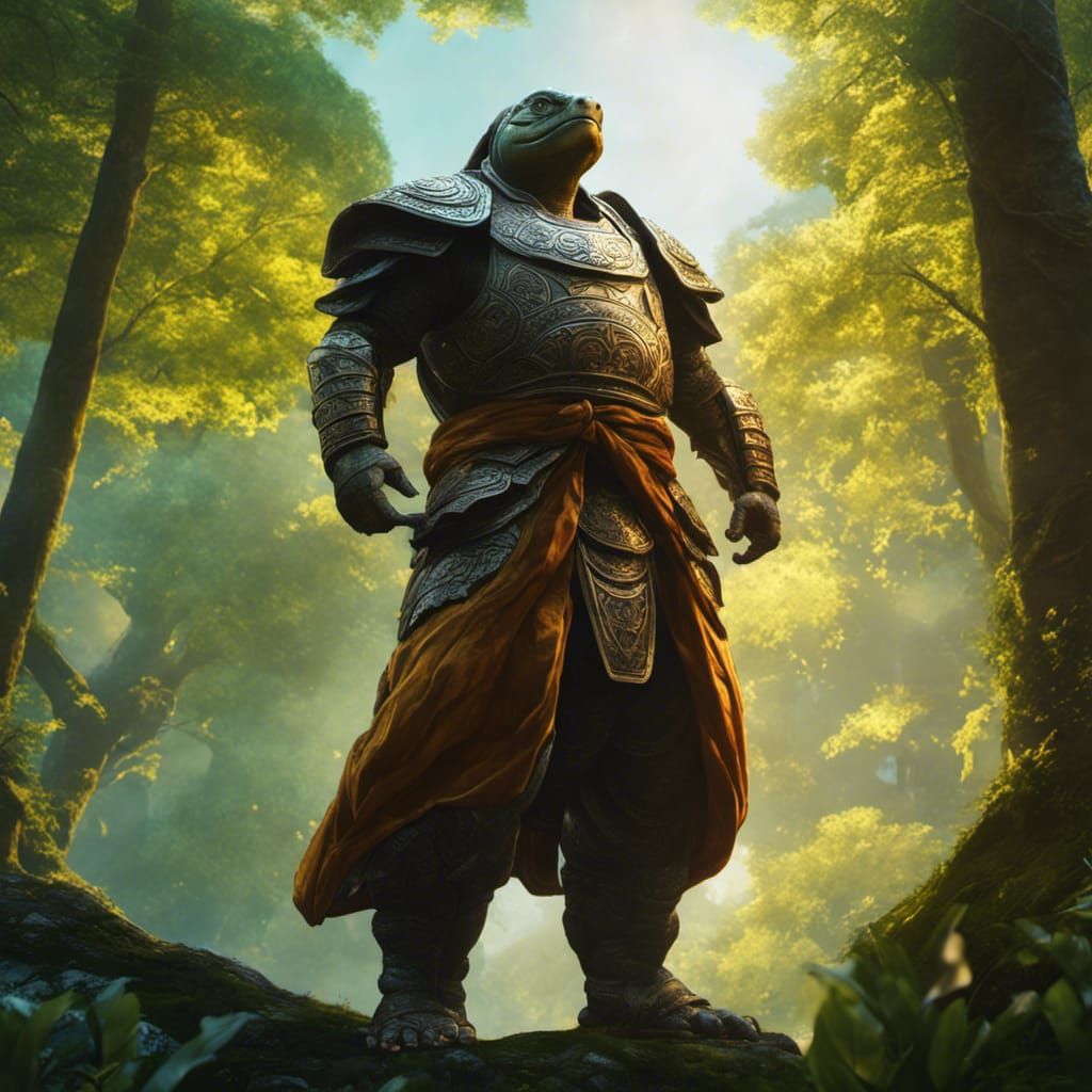 a humanoid turtle wearing Shaolin monk robes looking the sky in the ...
