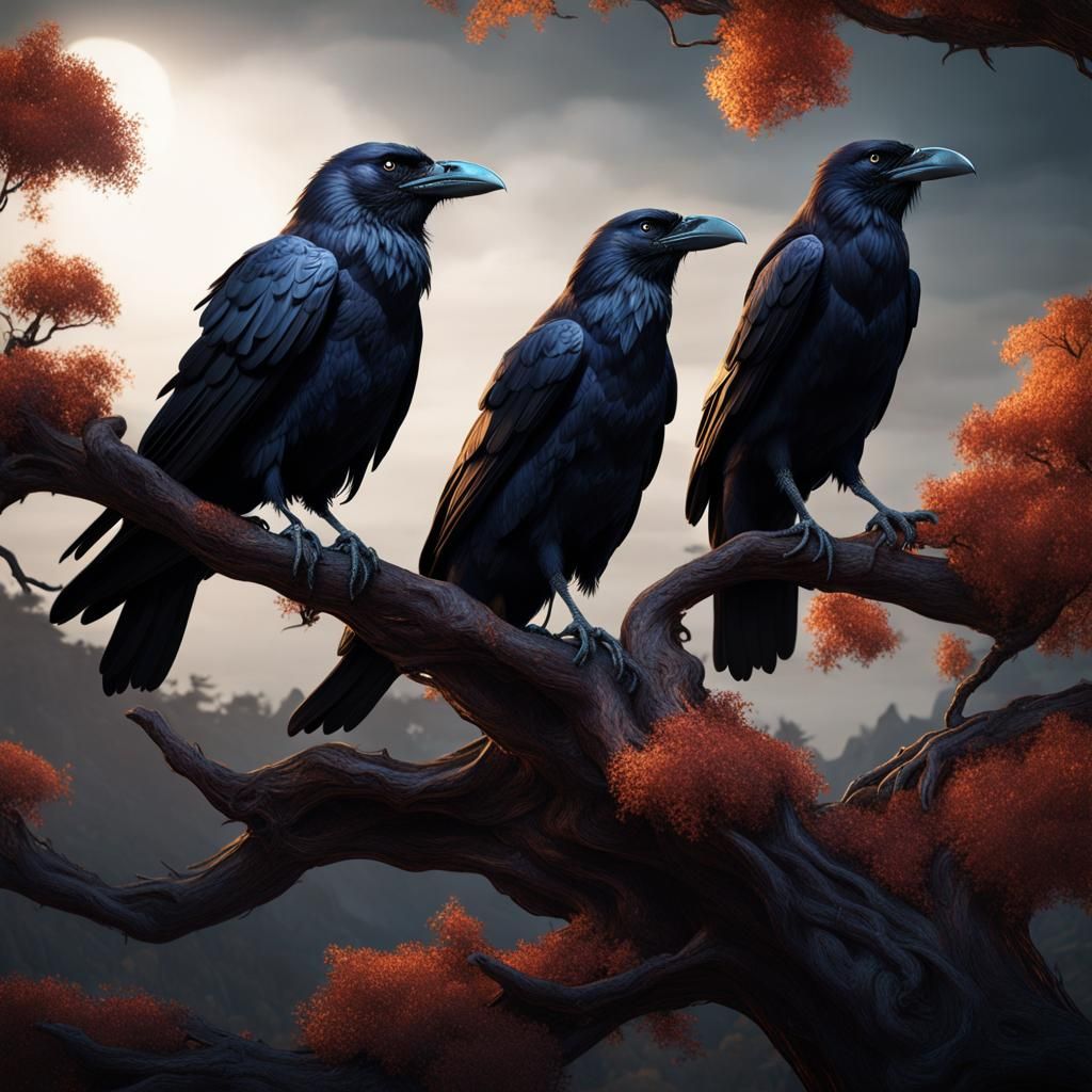 Three raven sitting in a dark tree starring at a witch - AI Generated ...