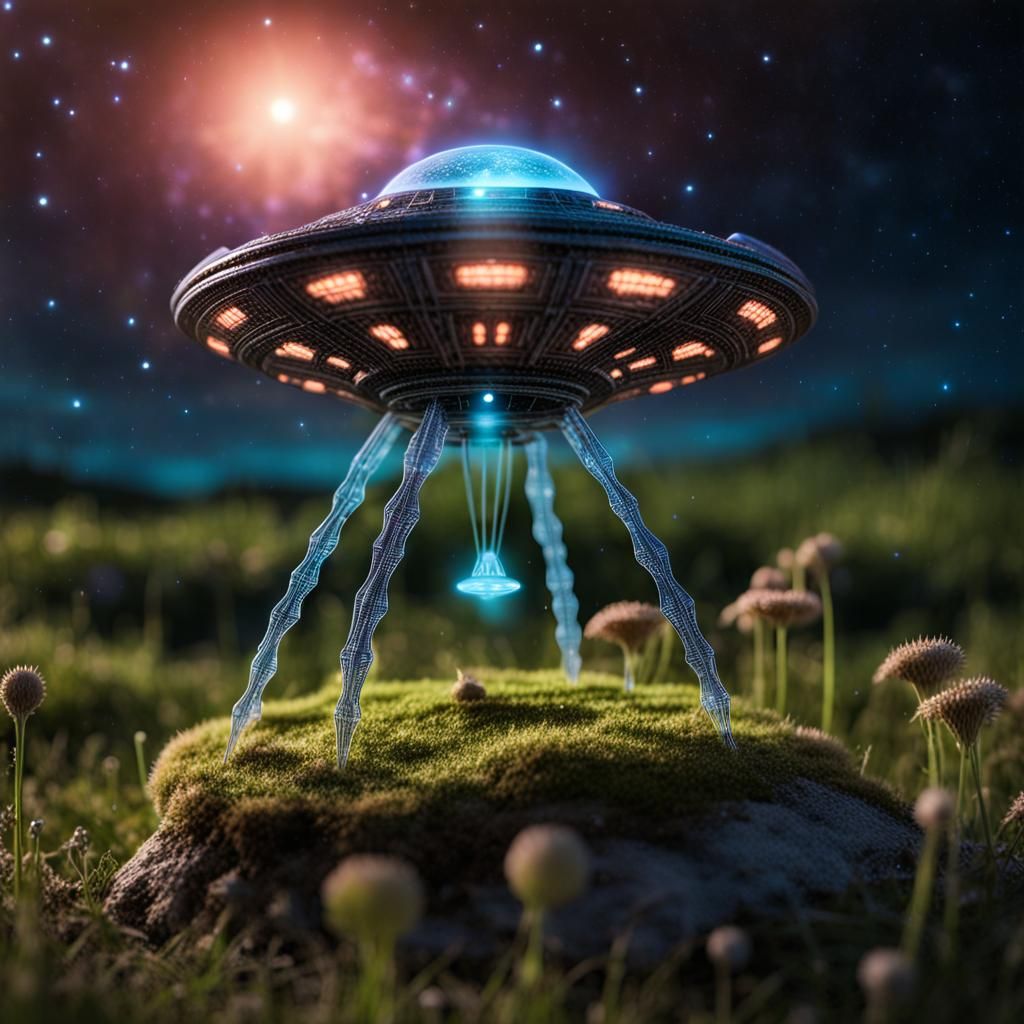 Photograph, Macro, miniature glowing alien spaceship with alien in it ...