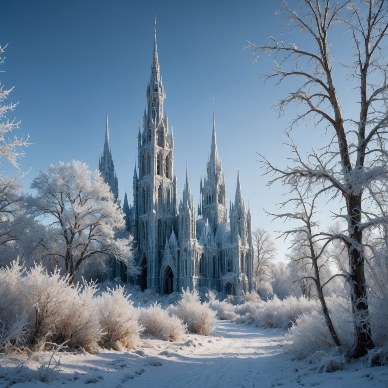 Ice crystal landscape, featuring towering sharp spires and delicate ...