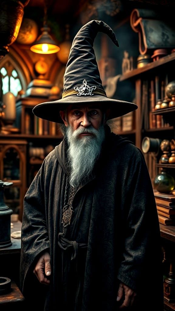 A wise old wizard wearing a wizard's hat stands in his cluttered ...
