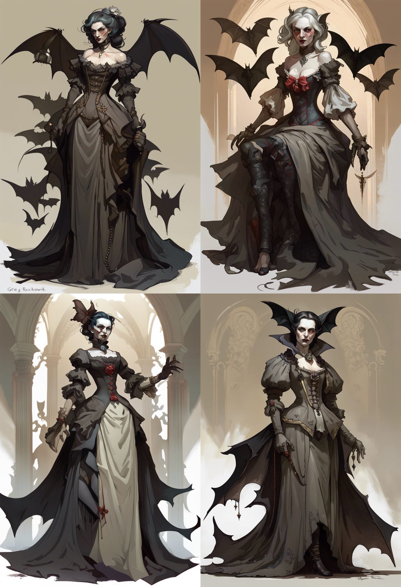 18th century female vampire, baroness dress, deformed bat-like, dark ...