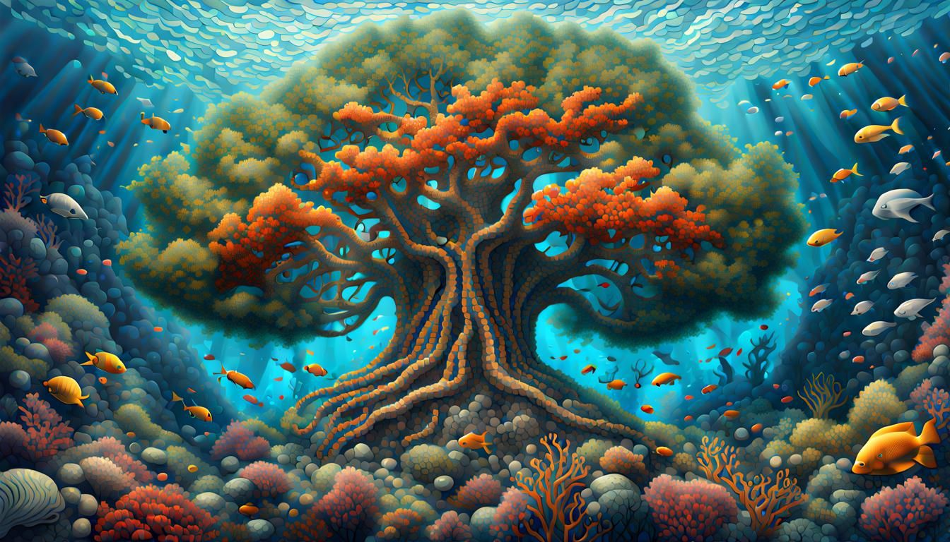 underwater Mosaic art illustration, insanely detailed mosaic pattern, majestic giant tree, deep ...